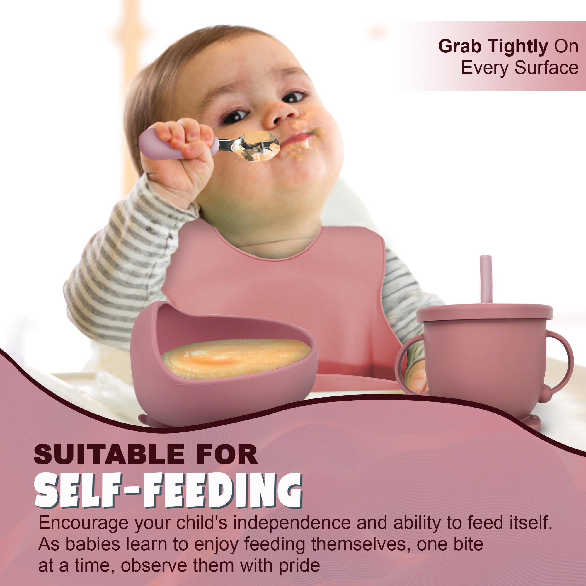 Silicone Baby Feeding Set 14 Pcs -Baby Lid Weaning Supplies including Divided Plate with Lid, Cup, Adjustable Bib, Toddler Spoons and Forks, Perfect for Self-Feeding with Fruit Feeder (PINK)