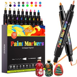 zobbx permanent paint pens markers - 18 colors dual tip oil based waterproof paint marker for metal glass plastic wood canvas rock painting, stocking stuffers art and craft supplies