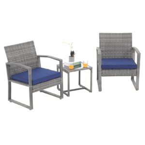 patiorama 3 pieces outdoor patio furniture set, outdoor wicker conversation set, patio rattan chair set, modern bistro set with coffee table, garden balcony backyard poolside (navy blue)