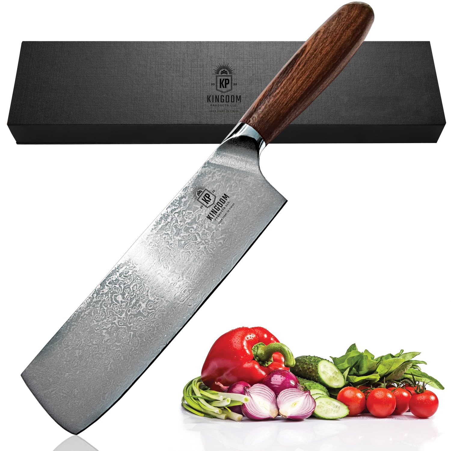 Japanese Nakiri Knife - 7" Razor Sharp Kitchen Knife for Dicing, Slicing, & Chopping Vegetables, Fruit, & Meat - Professional Chef Style Knife in Damascus Carbon Steel and Ergonomic Handle