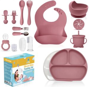 silicone baby feeding set 14 pcs -baby lid weaning supplies including divided plate with lid, cup, adjustable bib, toddler spoons and forks, perfect for self-feeding with fruit feeder (pink)