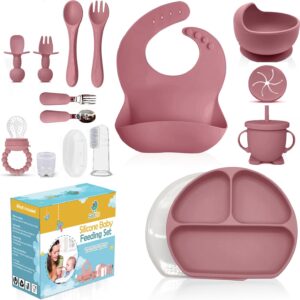 Silicone Baby Feeding Set 14 Pcs -Baby Lid Weaning Supplies including Divided Plate with Lid, Cup, Adjustable Bib, Toddler Spoons and Forks, Perfect for Self-Feeding with Fruit Feeder (PINK)