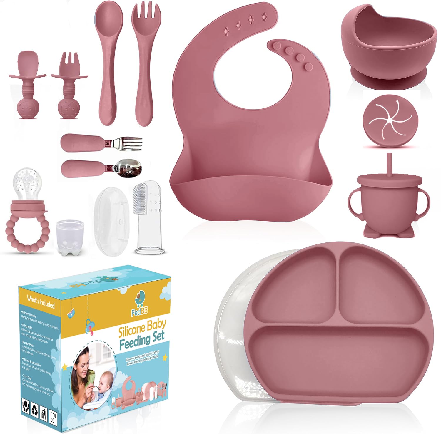 Silicone Baby Feeding Set 14 Pcs -Baby Lid Weaning Supplies including Divided Plate with Lid, Cup, Adjustable Bib, Toddler Spoons and Forks, Perfect for Self-Feeding with Fruit Feeder (PINK)