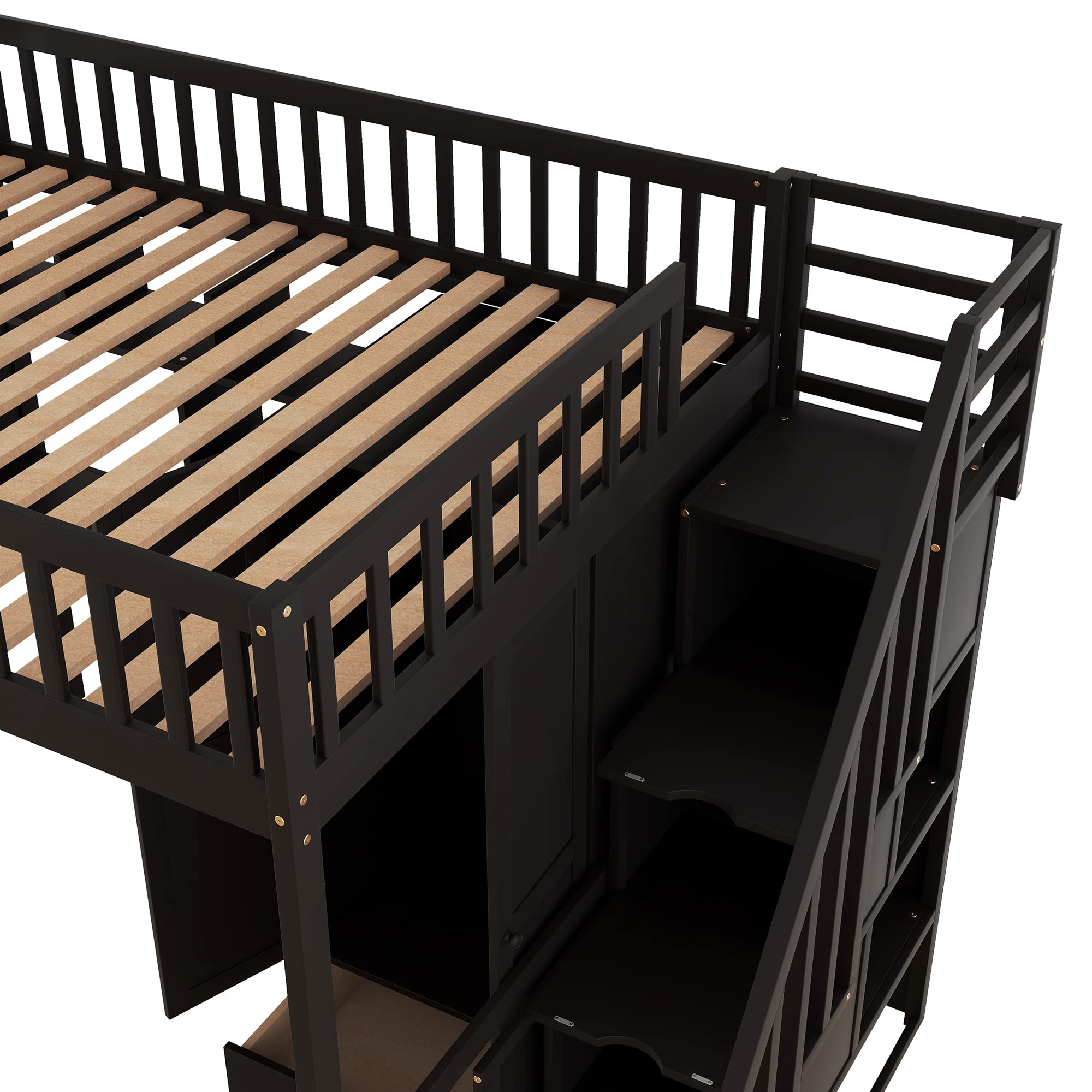 Harper & Bright Designs Full Loft Bed with Stairs and Wardrobe, Wooden Full Size Loft Bed with Desk Underneath, Loft Bed with Storage Staircase and Shelves for Girls Boys Teens,Espresso