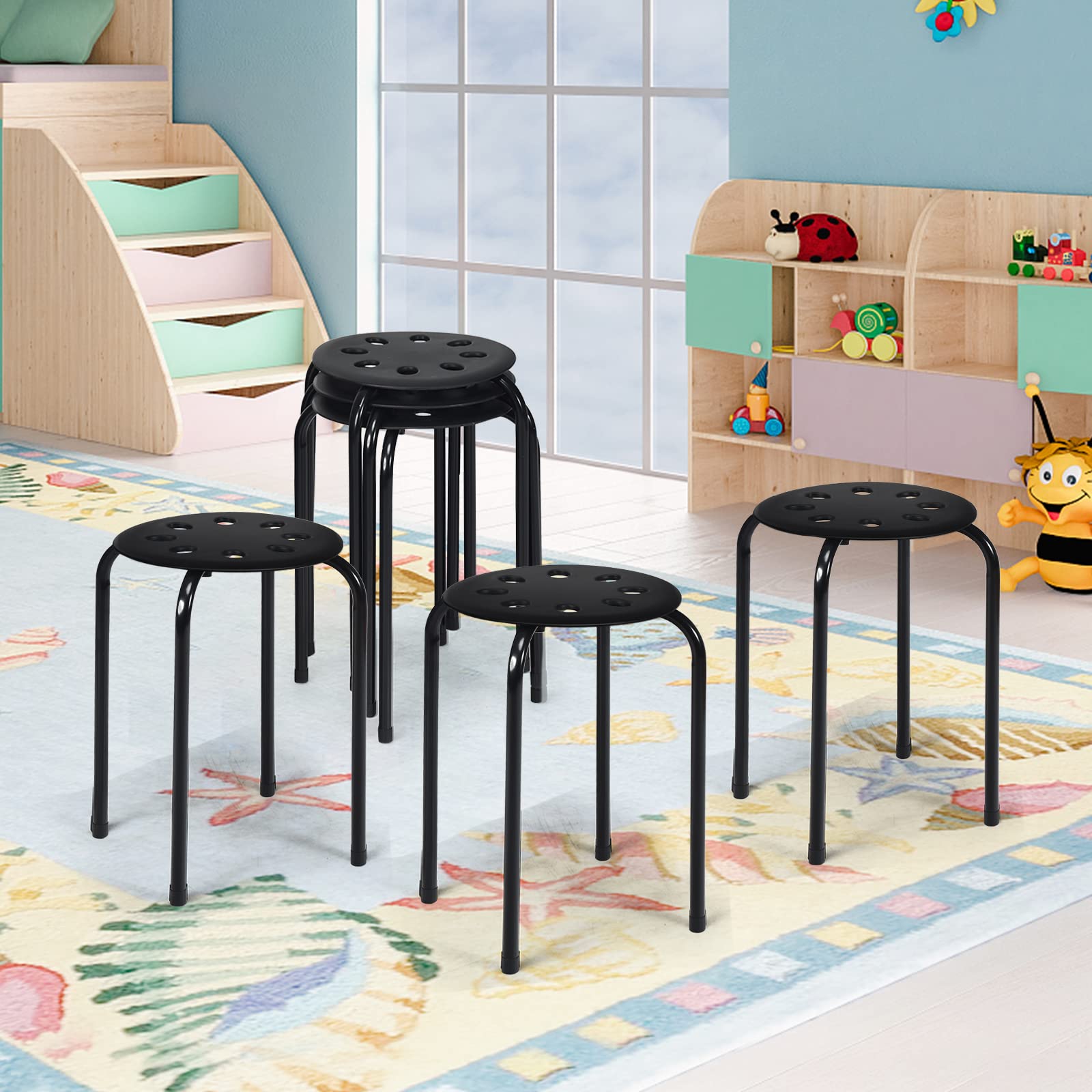 HONEY JOY 6 Pack Stackable Stool, 17.5” Kids Stacking Decoration Stool Set w/Metal Frame & Plastic Seat, Backless Round Flexible Seating for Children's Table, School, Classroom(6 Piece, Black)