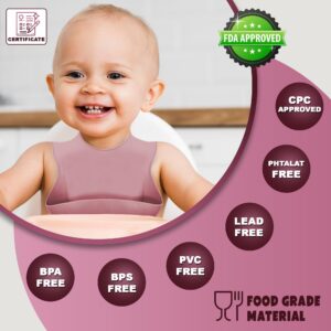 Silicone Baby Feeding Set 14 Pcs -Baby Lid Weaning Supplies including Divided Plate with Lid, Cup, Adjustable Bib, Toddler Spoons and Forks, Perfect for Self-Feeding with Fruit Feeder (PINK)