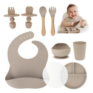 yunioo extra heavy silicone baby feeding set essentials, premium 9-piece set of baby led weaning supplies with silicone baby plate with lid, superior suction bowl and baby utensils - beige