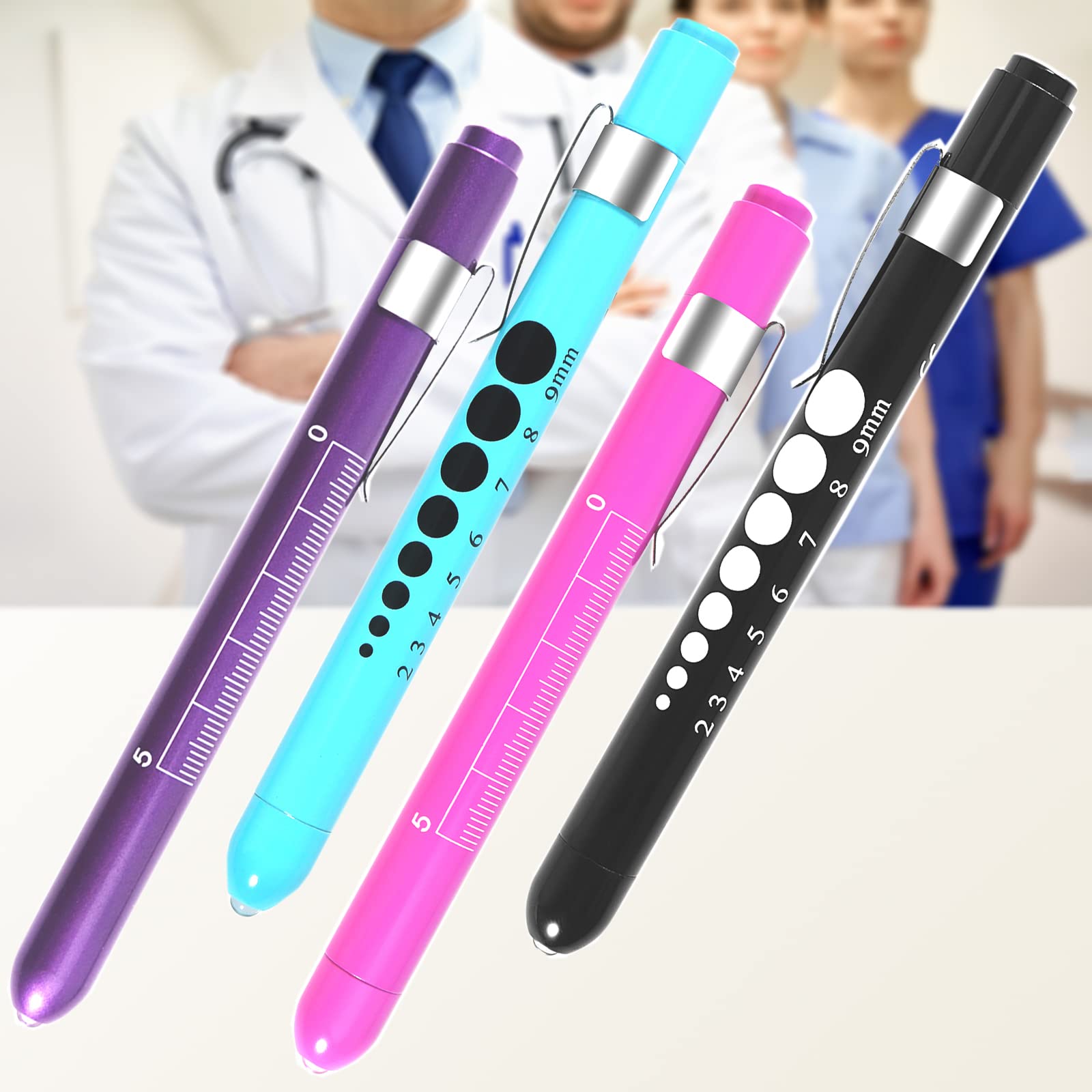 SIPYTOPF 4 Pack Pen Light,Reusable LED Penlight with Pupil Gauge and Ruler,White Light Torch for Nurses Doctors Students (Sky Blue+Pink+Black+Purple)