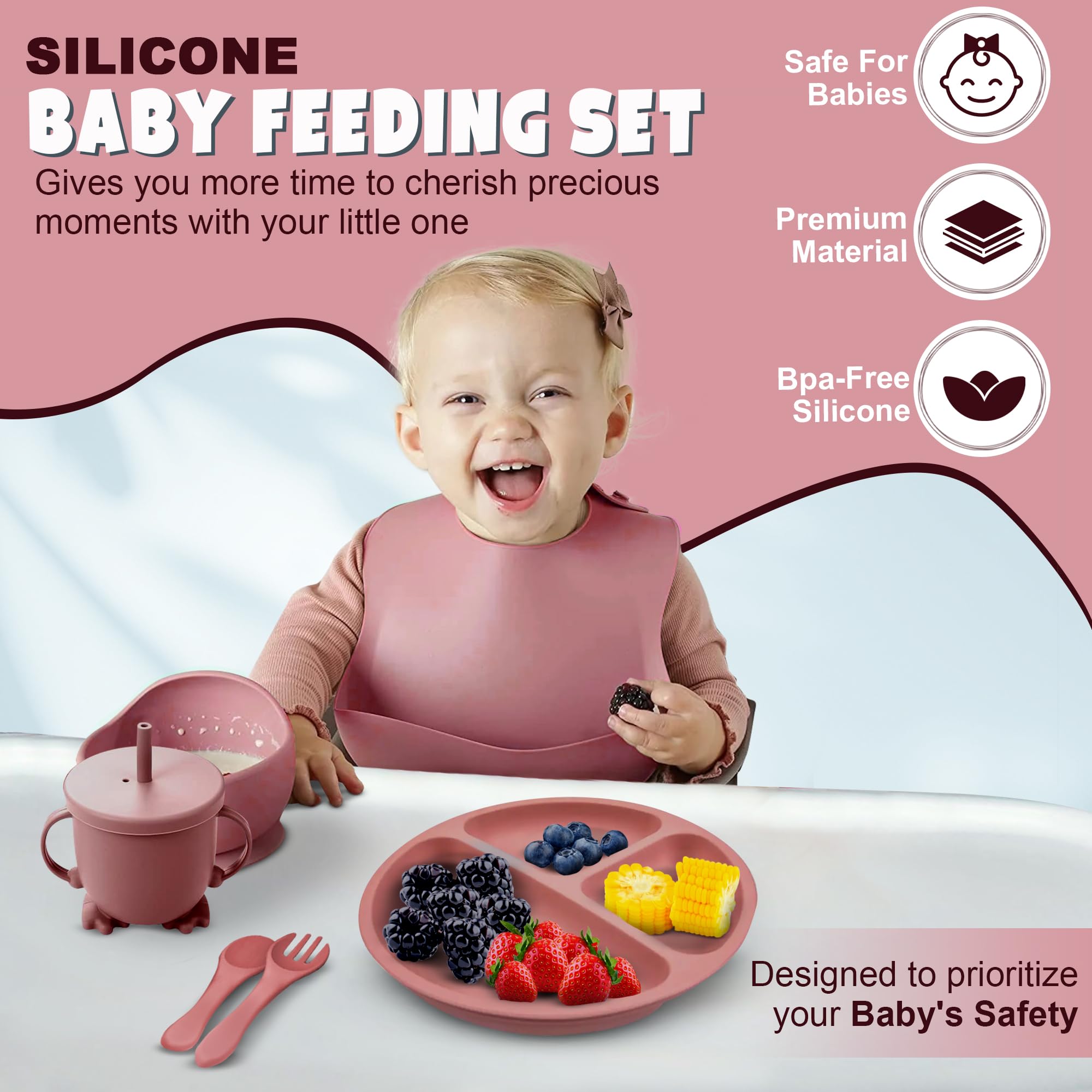 Silicone Baby Feeding Set 14 Pcs -Baby Lid Weaning Supplies including Divided Plate with Lid, Cup, Adjustable Bib, Toddler Spoons and Forks, Perfect for Self-Feeding with Fruit Feeder (PINK)