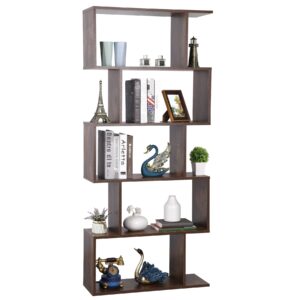 epetlover 5 tier bookshelf s-shaped geometric bookcase wooden floor standing open shelf bookshelves display storage shelf & dvd shelves for living room bedroom office, rustic brown