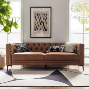 hulala home 84" w suede faux leather sofa couch with metal legs, button-tufted 3-seater sofa, mid century modern contemporary upholstered couch for living room, entertainment area, apartment,camel