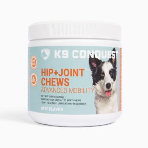 k9 conquest hip & joint chews for adventure dogs - joint supplement for dog mobility, hip & joint care for dogs, joint health support for dogs - glucosamine, hemp, omega 3, msm, turmeric, chondroitin