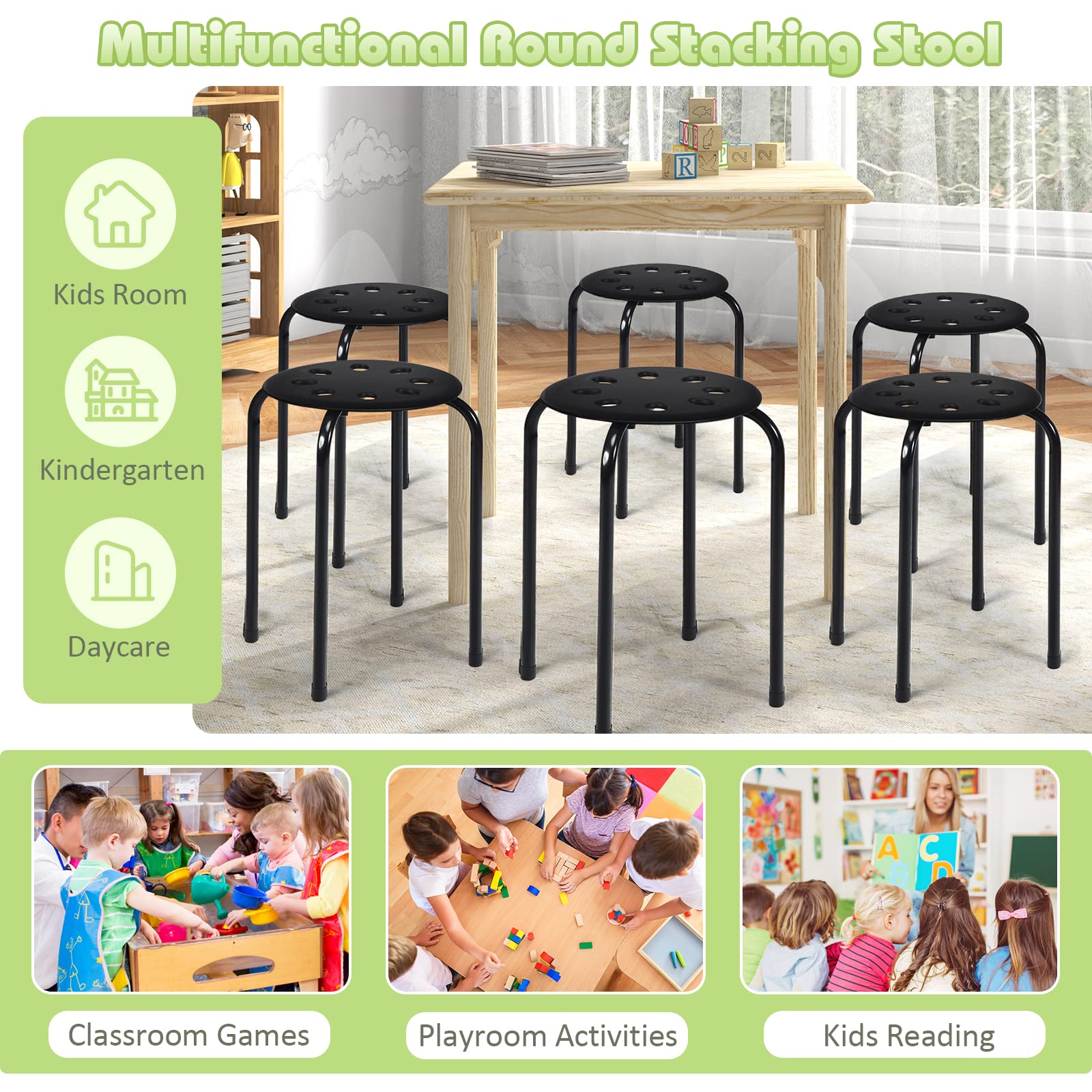 HONEY JOY 6 Pack Stackable Stool, 17.5” Kids Stacking Decoration Stool Set w/Metal Frame & Plastic Seat, Backless Round Flexible Seating for Children's Table, School, Classroom(6 Piece, Black)