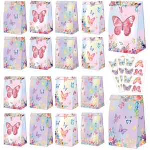 butterfly party gift bags - 20 pcs goodie bags party favor bags with butterfly stickers, colored paper bags treat bags birthday goodie bags for kids butterfly birthday party supplies