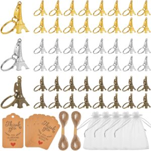 paris party favors, with eiffel tower keychain white organza bags thank you kraft tags french souvenirs retro adornment for paris theme party bridal wedding(60 sets)