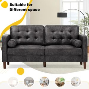 Lesofair 67" Faux Leather 2-seat Sofa with Two Bolster Pillows, Tufted Loveseat with Wooden Legs, Morden Sofa Suitable for Living Room, Office, Brown