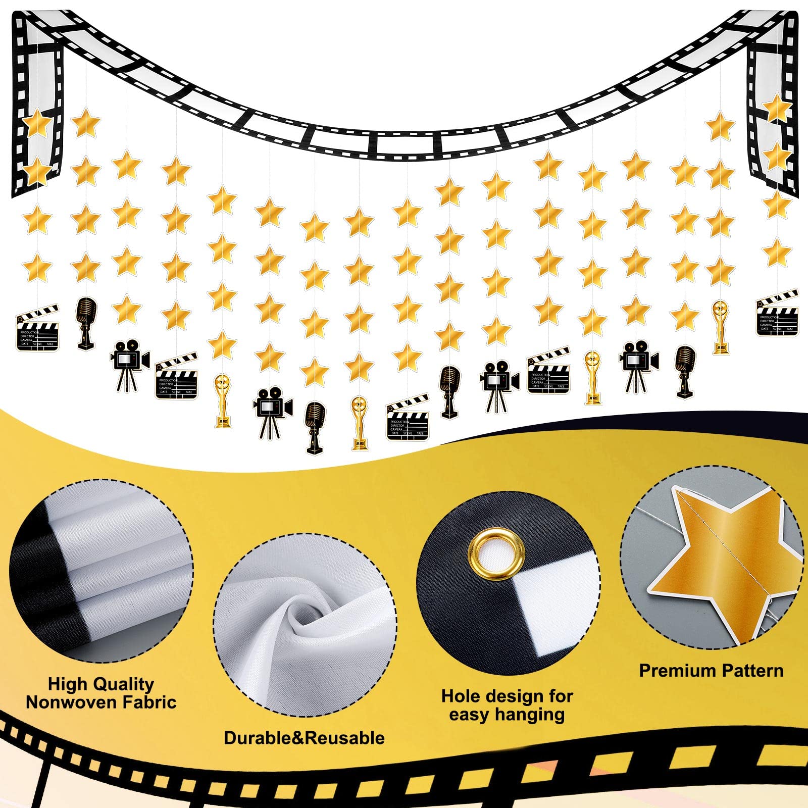 Ctosree Movie Party Decorations Bulk 12 ft Filmstrip Banner Ceiling Decor Movie Night Decorations Kit with 24 Pcs Movie Showing Banner for Party Bridal Shower Birthday Party Supplies(Movie)