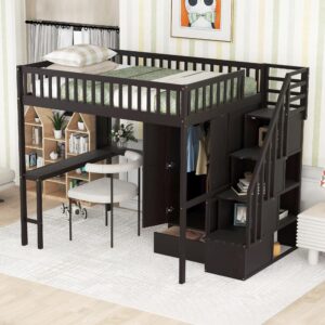 harper & bright designs full loft bed with stairs and wardrobe, wooden full size loft bed with desk underneath, loft bed with storage staircase and shelves for girls boys teens,espresso