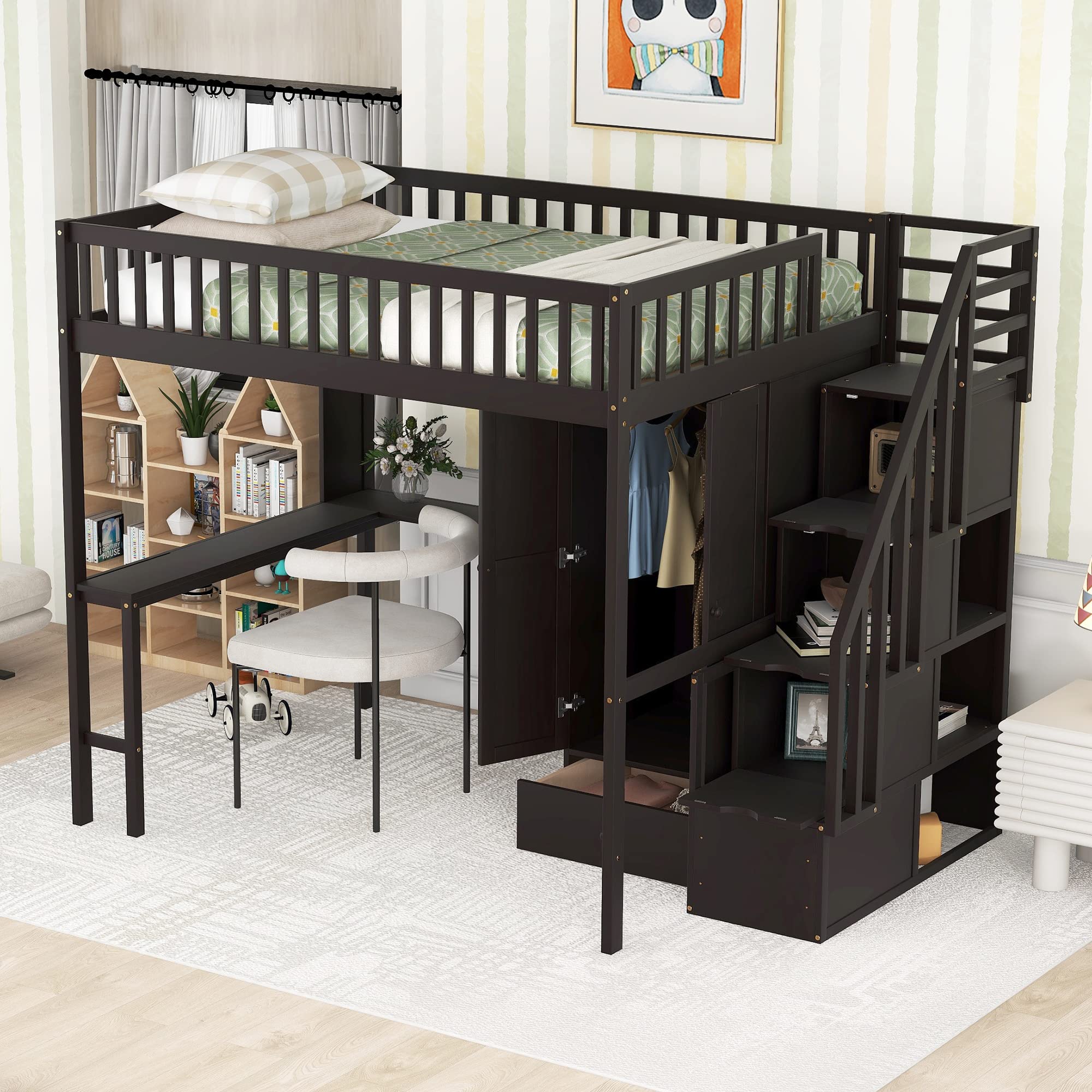 Harper & Bright Designs Full Loft Bed with Stairs and Wardrobe, Wooden Full Size Loft Bed with Desk Underneath, Loft Bed with Storage Staircase and Shelves for Girls Boys Teens,Espresso