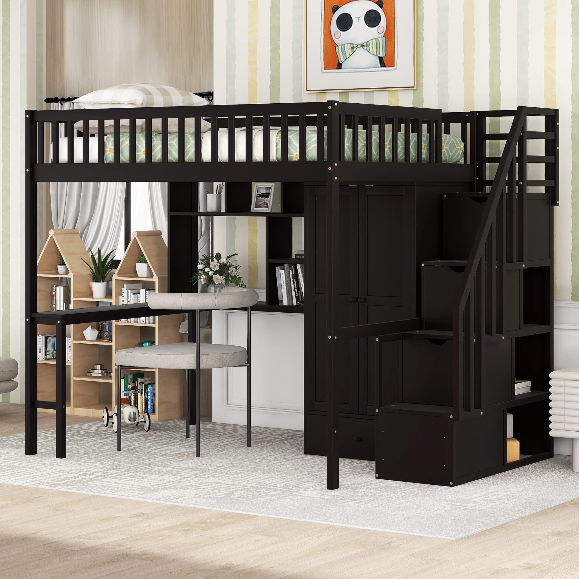 Harper & Bright Designs Full Loft Bed with Stairs and Wardrobe, Wooden Full Size Loft Bed with Desk Underneath, Loft Bed with Storage Staircase and Shelves for Girls Boys Teens,Espresso