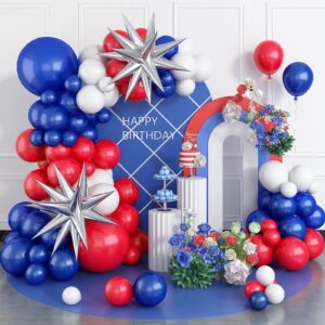 red white blue balloon arch kit, latex birthday balloons 5 10 18 inch blue red white party balloon garland kit with 2 silver explosion star for baby shower decorations wedding graduation party