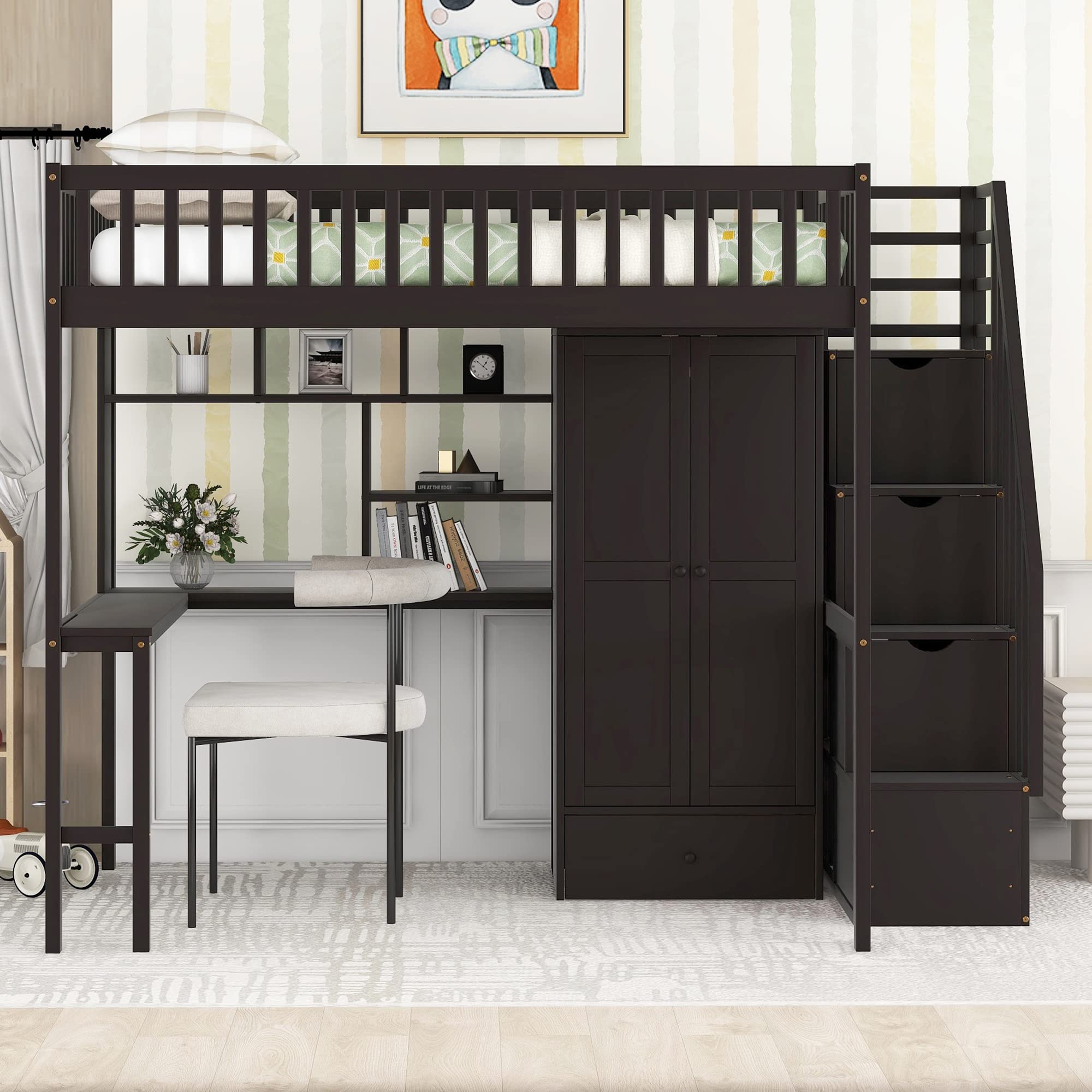 Harper & Bright Designs Full Loft Bed with Stairs and Wardrobe, Wooden Full Size Loft Bed with Desk Underneath, Loft Bed with Storage Staircase and Shelves for Girls Boys Teens,Espresso