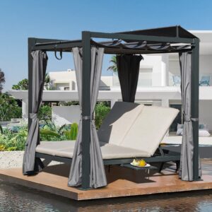 domi aluminum outdoor patio daybed with retractable canopy bed, double chaise lounge outdoor grey curtain with beige cushion & cup holder, for outside pool,garden,backyard,lawn