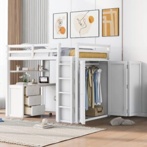 harper & bright designs full size loft bed with desk and wardrobe, solid wood loft bed frame with storage drawers, for kids teens adults (full, white)