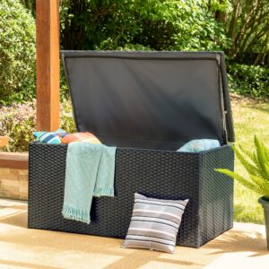 glitzhome patio outdoor deck box, 140 gallons oversized all-weather cushion wicker storage trunk waterproof, outside storage bin for patio furniture covers, cushion pillows, towels, garden tools,