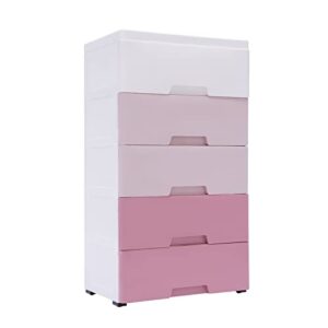 plastic drawers storage cart mobile cabinet with casters, 5 drawer stackable vertical clothes storage tower tall chest closet, large containers organizer unit pink plastic drawers,12"dx18"wx33"h-pink