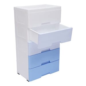 plastic drawers storage cart mobile cabinet with casters, 5 drawer stackable vertical clothes storage tower tall chest closet, large containers organizer unit (12"d x 18"w x 33"h - blue)