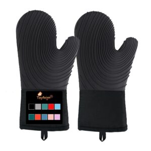 silicone oven mitts-13.6 in extended oven mitts heat resistant 500f, oven gloves with soft liner good grippy bpa-free easy to clean flexible-oven mits set for cooking baking grilling bbq-black