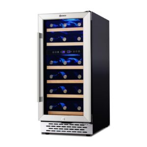 15 inch wine cooler under counter, 28 bottle dual zone wine fridge, stainless steel built-in/freestanding wine refrigerator, double-layer tempered glass door with lock, fit red & white wine