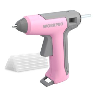 workpro pink cordless mini hot glue gun, energy saving rechargeable fast heating glue gun kit with 20 pcs mini glue sticks, automatic-safety-power-off glue gun for decoration, art - pink ribbon