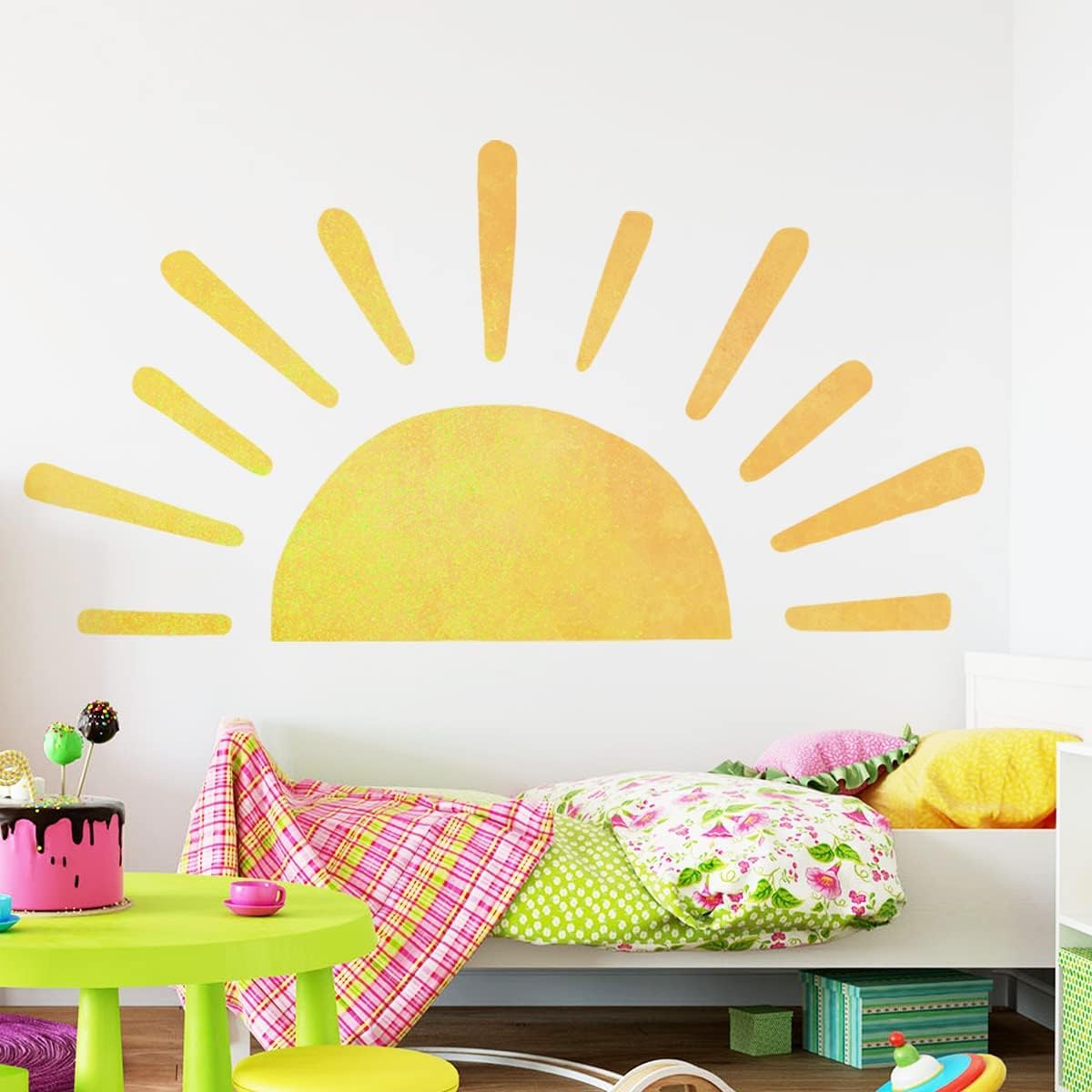 45.6x23.8 Inch Boho Half Sun Wall Decals Removable Sunshine Wall Sticker Vinyl Peel and Stick Half Sun Decals Wall Art for Girls Kids Bedroom Nursery Playroom Decor