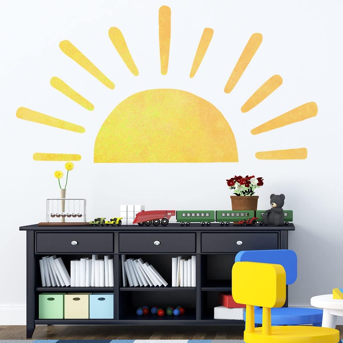 45.6x23.8 Inch Boho Half Sun Wall Decals Removable Sunshine Wall Sticker Vinyl Peel and Stick Half Sun Decals Wall Art for Girls Kids Bedroom Nursery Playroom Decor