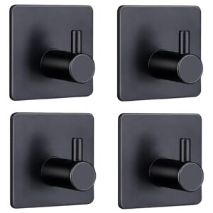 yeulluey 4pcs towel hooks for bathrooms, adhesive hooks for hanging heavy duty waterproof stainless steel black kitchen bathroom wall hooks for coats key hat wall mount sticky towel robe hook rack