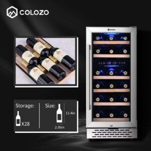 15 Inch Wine Cooler Under Counter, 28 Bottle Dual Zone Wine Fridge, Stainless Steel Built-in/Freestanding Wine Refrigerator, Double-Layer Tempered Glass Door with Lock, Fit Red & White Wine