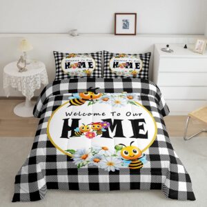 jejeloiu cartoon bee comforter set twin size beehive honeycomb comforter set for boys girls children black white buffalo check bedding set room decor farmhouse animals duvet set 2pcs