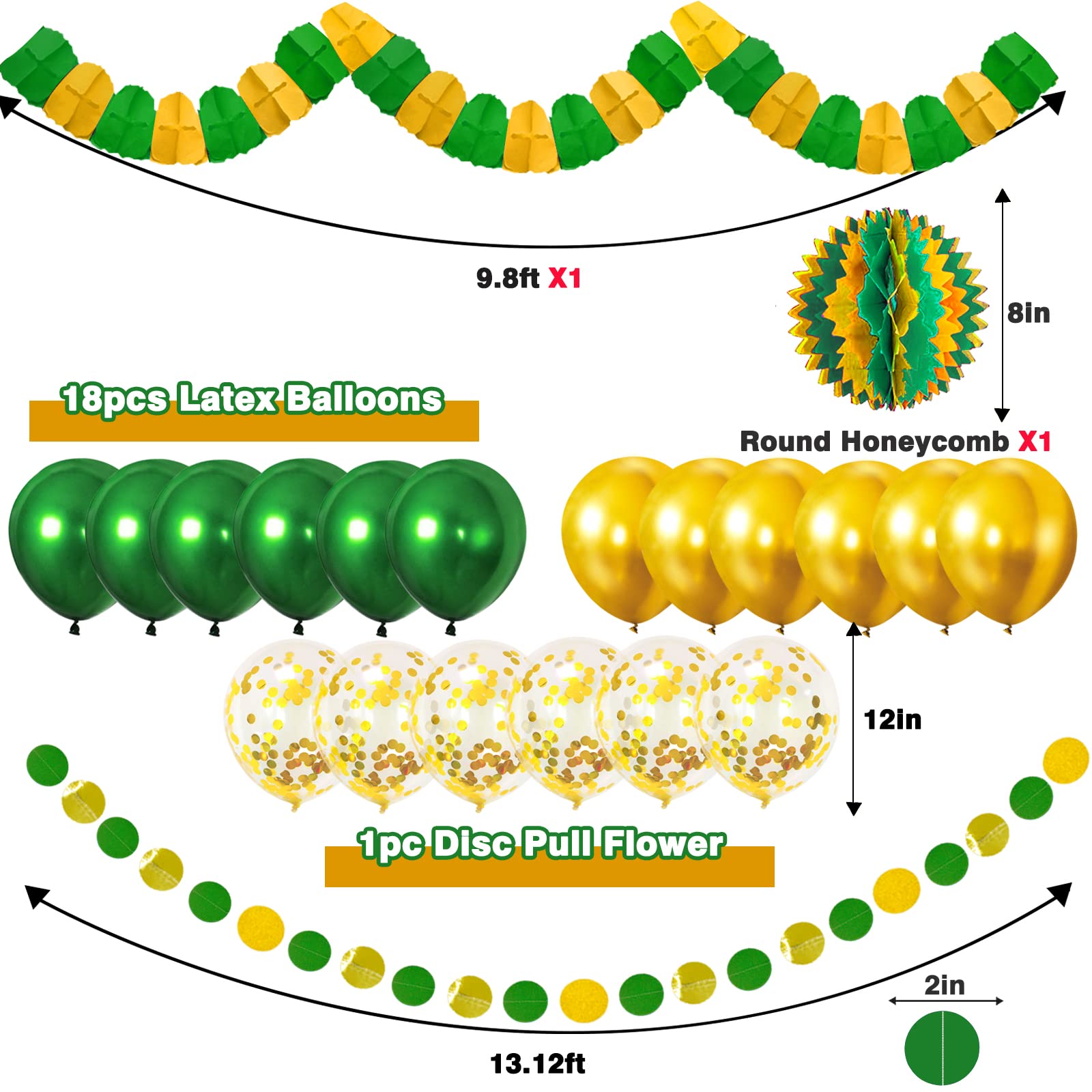 Green Gold Party Decorations, Graduation Season Hanging Paper Fans Honeycomb Balls Leaf Clover Garland Latex Balloons Triangle Flags Pennants for St. Patrick's Day Green Theme Birthday Gender Reveal