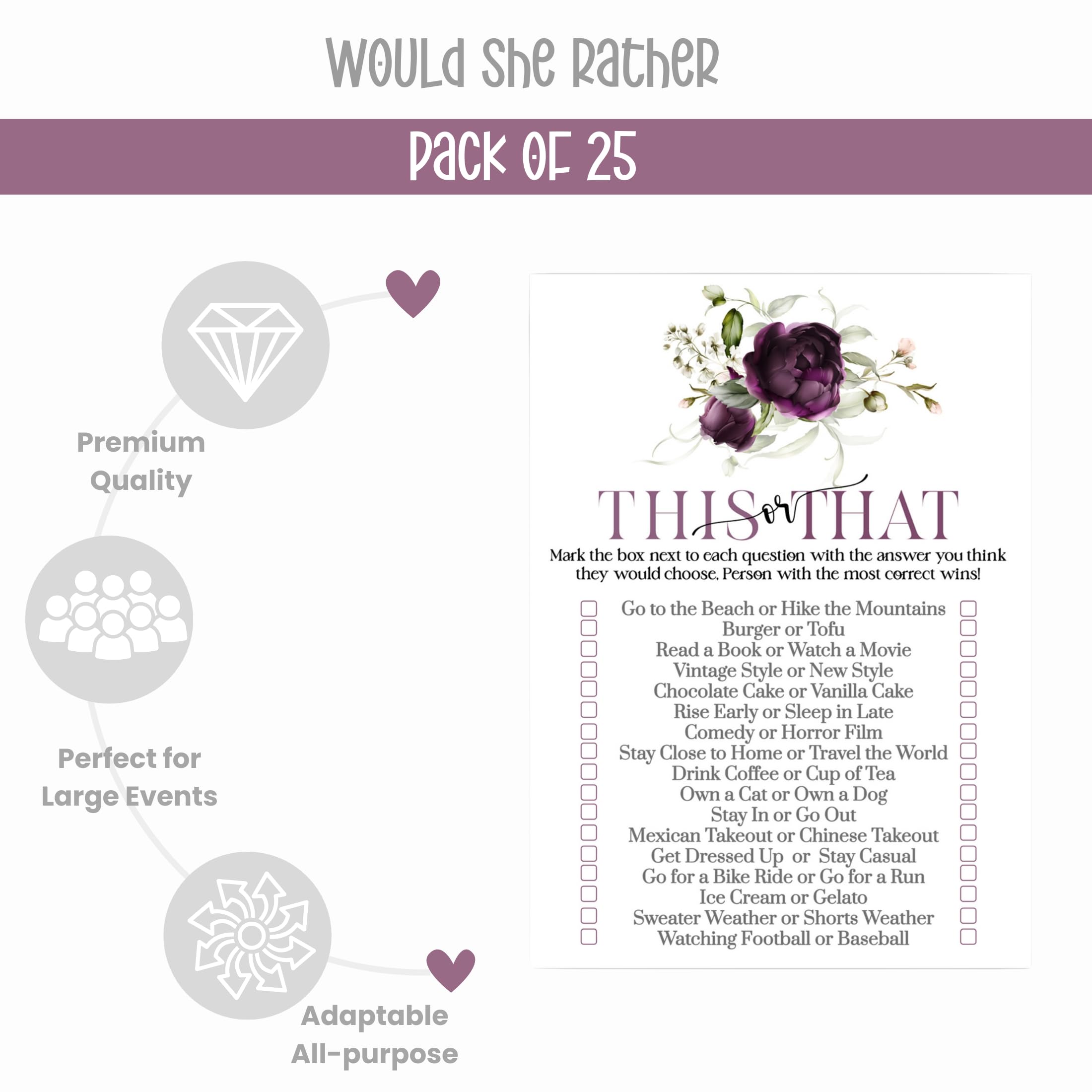 Purple Passion Bride Best Bridal Shower Games – 25 Pack, Wedding Would She Rather Fun Activity Ideas for Guests, Rehearsal, Couples, This or That Birthday Party Game Card Design