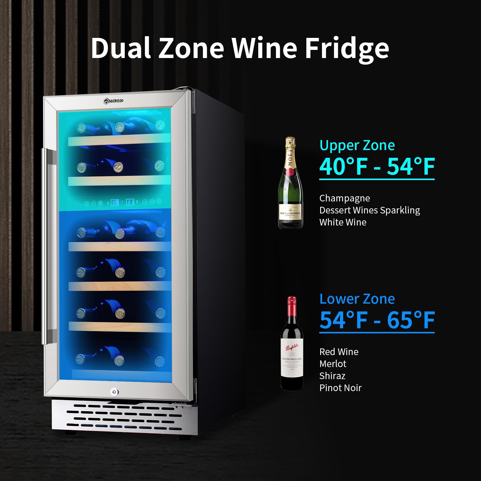 15 Inch Wine Cooler Under Counter, 28 Bottle Dual Zone Wine Fridge, Stainless Steel Built-in/Freestanding Wine Refrigerator, Double-Layer Tempered Glass Door with Lock, Fit Red & White Wine