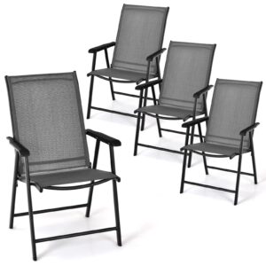 tangkula set of 4 patio folding chairs, fabric dining chairs with high back & armrests, portable camping lounge chairs with sturdy metal frame, outdoor sling chairs for patio lawn garden (grey)