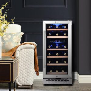 15 Inch Wine Cooler Under Counter, 28 Bottle Dual Zone Wine Fridge, Stainless Steel Built-in/Freestanding Wine Refrigerator, Double-Layer Tempered Glass Door with Lock, Fit Red & White Wine