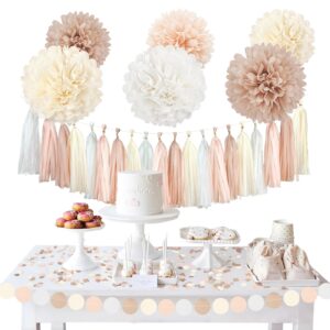 nicrohome boho bridal shower decorations, rustic neutral creamy white tissue paper pom poms tassel, dots paper garland decorations packages for wedding baby shower birthday party table decorations