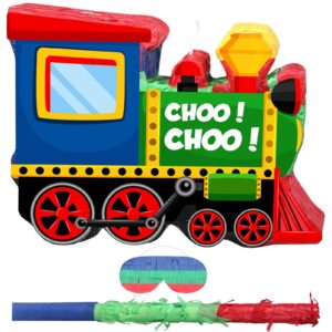 shappy 3d piñata small racing theme piñata with blindfold stick confetti railroad train bike car piñata for birthday party decorations race car party supplies(train)