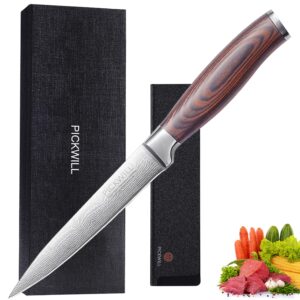 pickwill 5 inch kitchen utility knife with sheath, multi-purpose small chef knife with ergonomic pakkawood handle, 5cr15mov stainless steel knives for cutting meat, fruit & vegetable