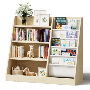 hedoajim 4 tier kids wooden bookshelf,five layer sling children bookcase,baby storage book rack,book and toy organizer cabinet chest,book display shelf,playroom nursery classroom library