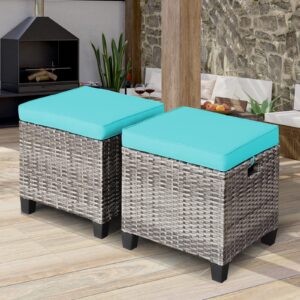 oralner set of 2 outdoor ottoman, 16” wicker foot stools, all-weather rattan cube footstool w/removable cushions, square footrest extra seating for patio, porch, deck, easy assembly (turquoise)