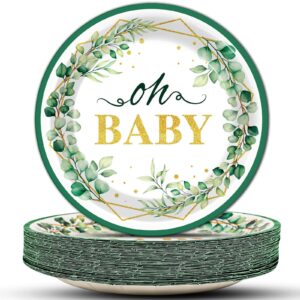 zoiiwa 48 pcs oh baby eucalyptus plates baby shower party supplies sage greenery dessert plates greenery disposable paper plates for boys or girls gender reveal baby shower party decorations favors